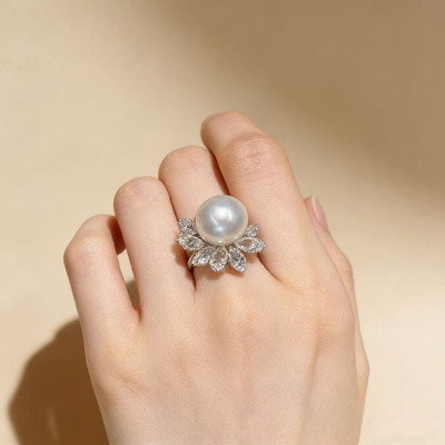 DIY珍珠配件 S925 纯银戒指空托 金色银色轻奢银饰托 配10-12mm圆