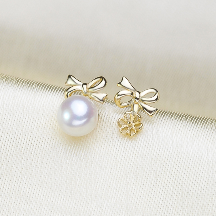 DIY珍珠配件 S925银珍珠耳钉耳环蝴蝶结款时尚空托配5-7mm圆扁珠_虎窝淘