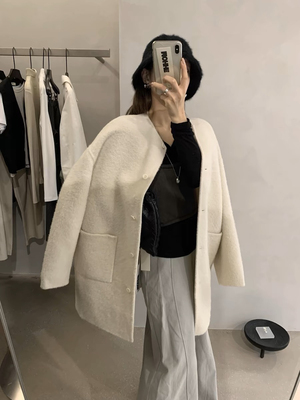 现货韩国东大门正品女2025冬季新款气质方兜宽松羊驼毛大衣外套