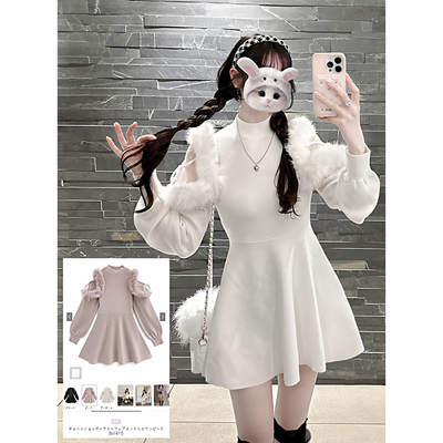 甜美显瘦清晰系薄纱露肩连衣裙