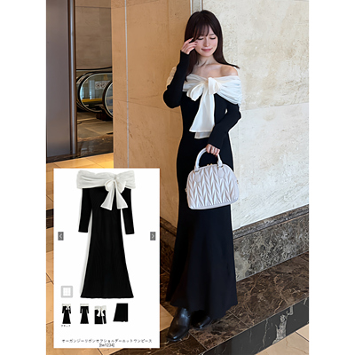 日系蝴蝶结露肩纯色连衣裙