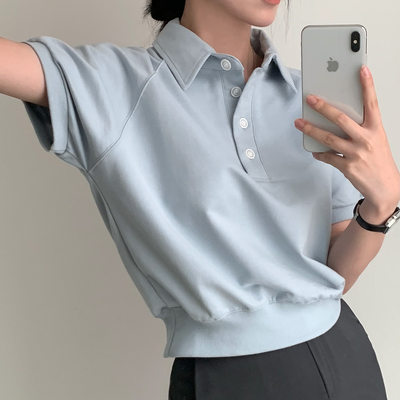 棒球少女风格 奶蓝POLO翻领短袖T恤 学院风休闲短款宽松上衣