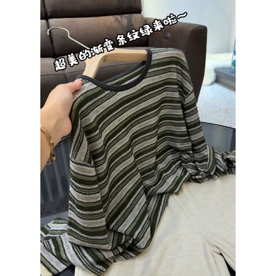 3958【渐变条纹绿针织衫】夏季新款女士休闲上衣