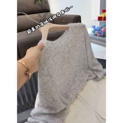 3993【薄绒浅调灰一字领针织衫】早秋新款女士韩版显白休闲上衣