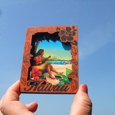 美国当地冰箱贴 HAWAII 夏威夷 椰林树影 美女木质 画框式多款