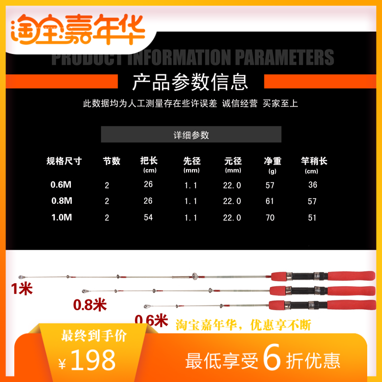 冰钓杆实心超短竿冬钓竿小海竿钓鱼竿便携插节竿小孩竿湖库插节