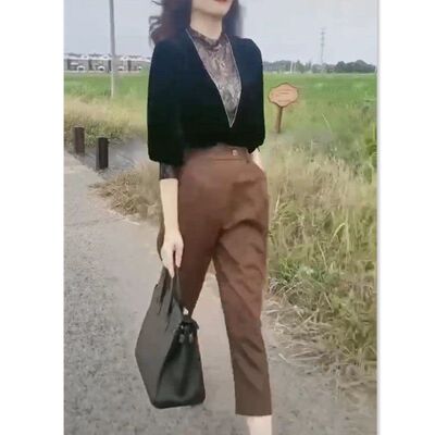 9879大爱美依缘2024秋季新款时尚黑色打底上衣高腰休闲哈伦裤显瘦