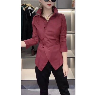 22901大爱美依缘2025秋冬新款洋气翻领设计感不规则单排扣衬衫女