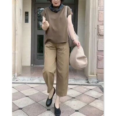 22672大爱美依缘2025夏季新款简约纯色圆领短袖上衣直筒休闲裤女