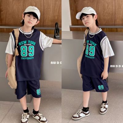 牛哆哆童装夏新款儿童假两件休闲短袖短裤速干运动套装33810