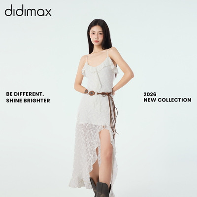 didimax夏季新款杏色蕾丝吊带荷叶裙女 不规则裙摆 原创X78109