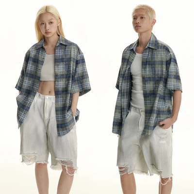 TGNS美式毛边破坏格子短袖衬衫