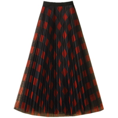 复古红格子半身裙网纱裙高腰a字