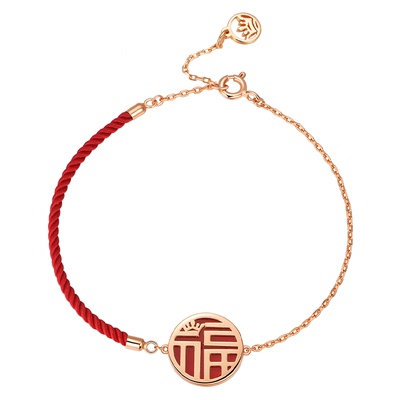 medalqueen福字s925女红绳手链