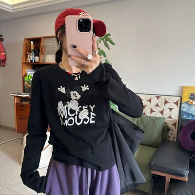 25Ann studio2025韩版时尚休闲百搭宽松卡通米奇印花圆领长袖T