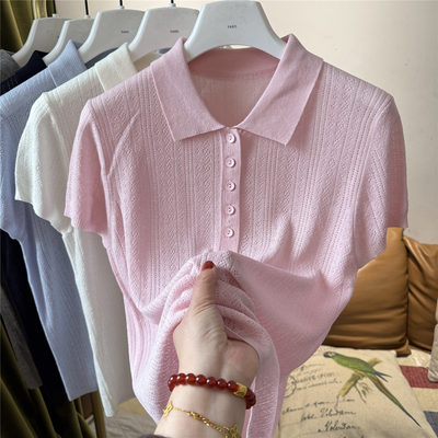 亚麻透气舒服POLO领短袖针织衫女夏季翻领纽扣修身显瘦纯色上衣