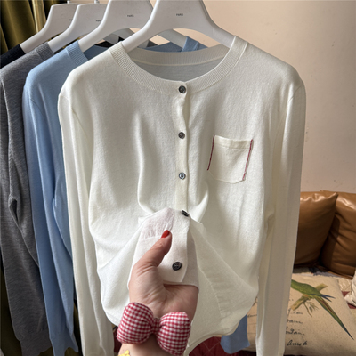 羊毛通勤风圆领口袋撞线单排扣开衫女针织衫纽扣长袖防晒衣外套