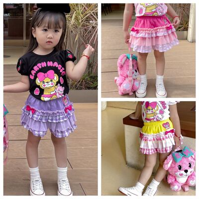 卡通日系潮童短裤纯棉花边格子