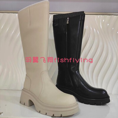 KA242001卡迪娜专柜正品2024冬季新款方跟厚底米白色女皮靴高筒靴