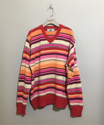 【原 价¥188】vintage  意大利制古着billi拼色横条纹V领羊毛衣