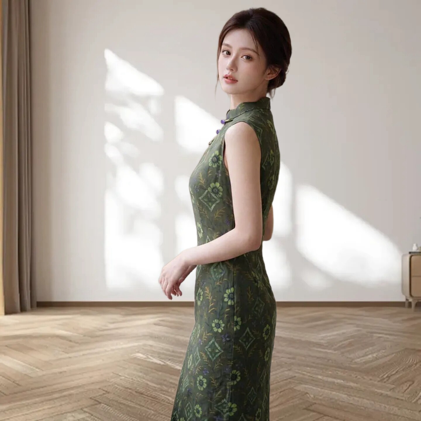 新中式网纱印花长款日常宴会主持服少女无袖年轻苏州旗袍2026新款