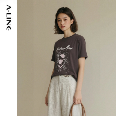 Aline/阿莱粉咖色系印花短袖T恤女夏季新款圆领宽松上衣