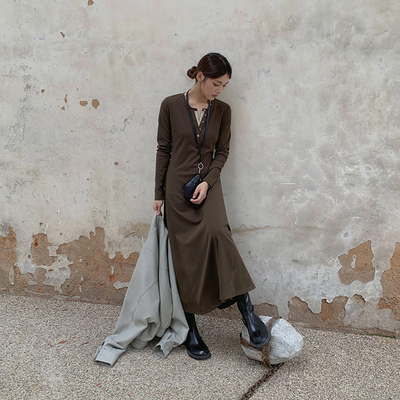 BORAN帛然休闲长袖连衣裙2025秋季新款复古针织A字裙女B2D8518LQ