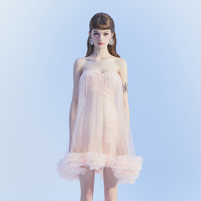 越南小众品牌BY JENNY 2025年春季新款朦胧感粉色薄纱抹胸裙