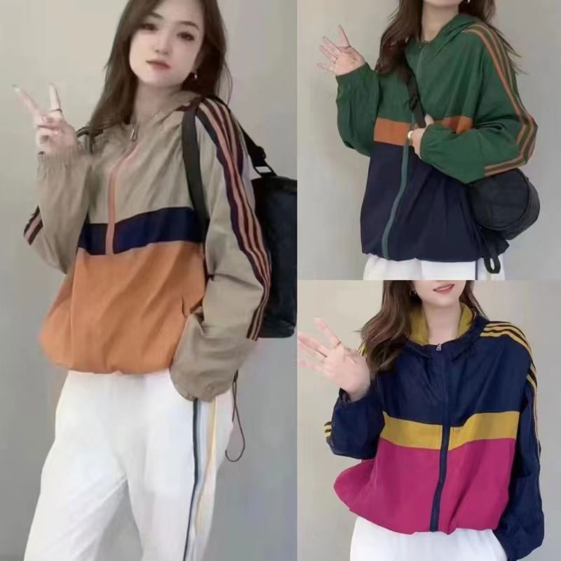 宽松拼色休闲连帽防晒服女2023夏季新款韩版显瘦百搭防晒衣外套潮
