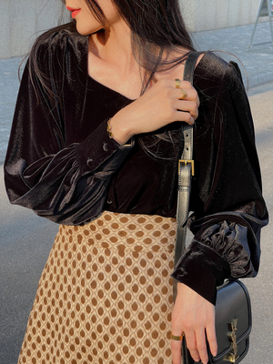 丝绒长袖衬衫方领复古衬衣