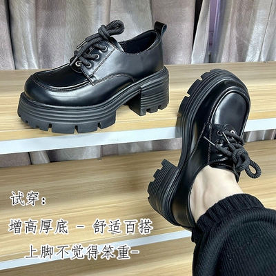 Aee/爱意牛皮乐福鞋厚底单鞋圆头小皮鞋英伦风粗跟系带百搭女鞋