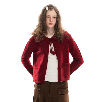 Romance Nanci 镂空挑孔翻领毛衣开衫可爱少女针织上衣外套