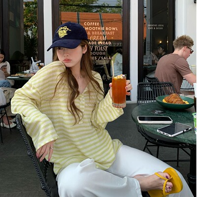 im向 轻氧条纹’慵懒毛边双面穿条纹t恤女圆领宽松休闲长袖上衣夏