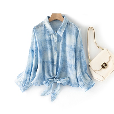 天空之城衬衫式短外套女打结v领真丝双绉印花春夏款七分袖文艺范