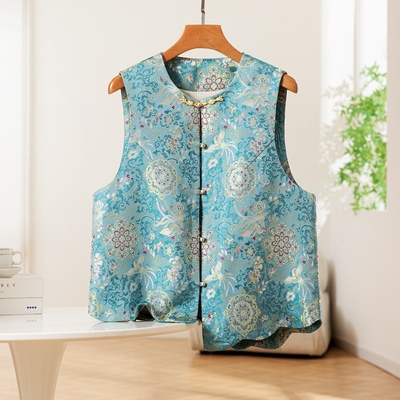 三马家凤凰宝相～真丝桑蚕丝宋锦对襟马甲圆领国风女背心外穿上衣
