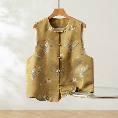 三马家仙鹤牡丹～真丝桑蚕丝宋锦对襟马甲圆领国风女背心外穿上衣