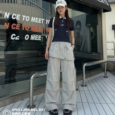 中大童女童裤子2026春夏新款时尚假两件屁帘工装裤5189款