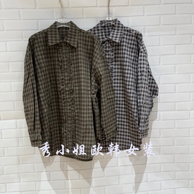 欧洲站2026春季新款时尚百搭翻领长袖格子衬衫女上衣潮5247