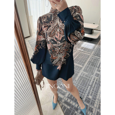 JINGONI复古印花长袖连衣裙子女灯笼袖短裙法式衬衫裙小个子显瘦
