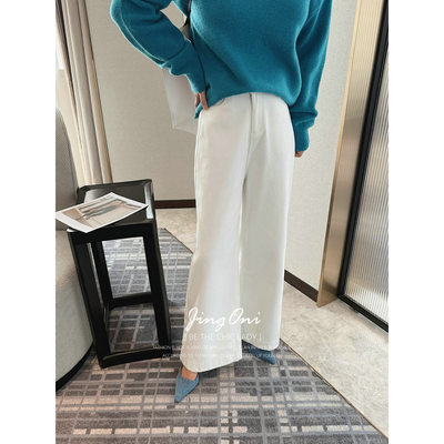 JINGONI内加绒白色直筒裤子女高腰秋冬新款垂感宽松显瘦长裤百搭