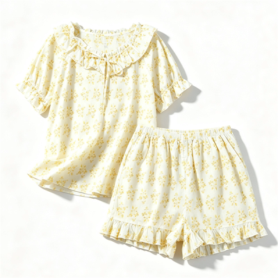 甜美荷叶边奶黄印花睡衣两件套女8.18L87581夏短袖短裤家居服套装