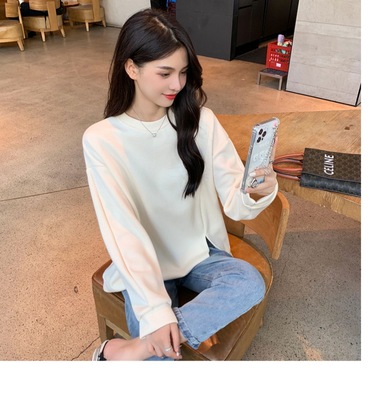 女生精品圆领卫衣开叉摆长袖衫