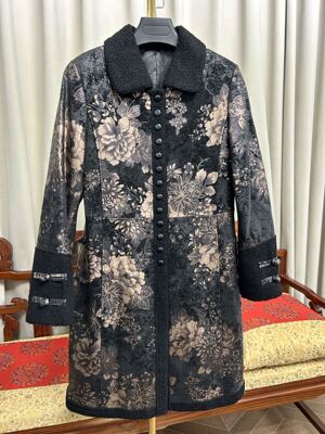 今冬新款多纽扣女士绵羊皮电脑提花真皮衣中长款秋冬风衣薄棉国风