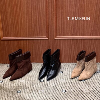 TLE MIKELIN 韩版复古风尖头短靴内增高绒面时装棕色皮带扣套筒靴