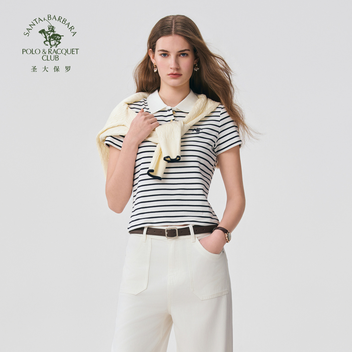 【莱卡面料】圣大保罗女短袖POLO衫2026春夏新品翻领条纹休闲上衣