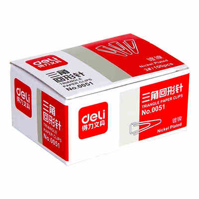 得力文具0051回形针 全金属三角曲别针加厚电镀不易生锈100枚/盒