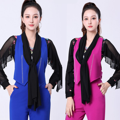 马甲女网纱烫钻广场舞服装新款演出服吉特巴水兵舞上衣交谊舞上衣