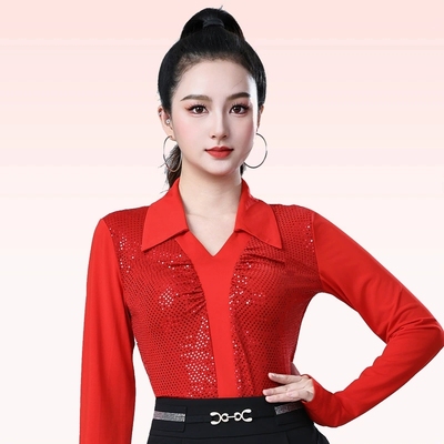 2025新款勾手指广场舞上衣三步踩演出服吉特巴交谊舞舞服女秋红色