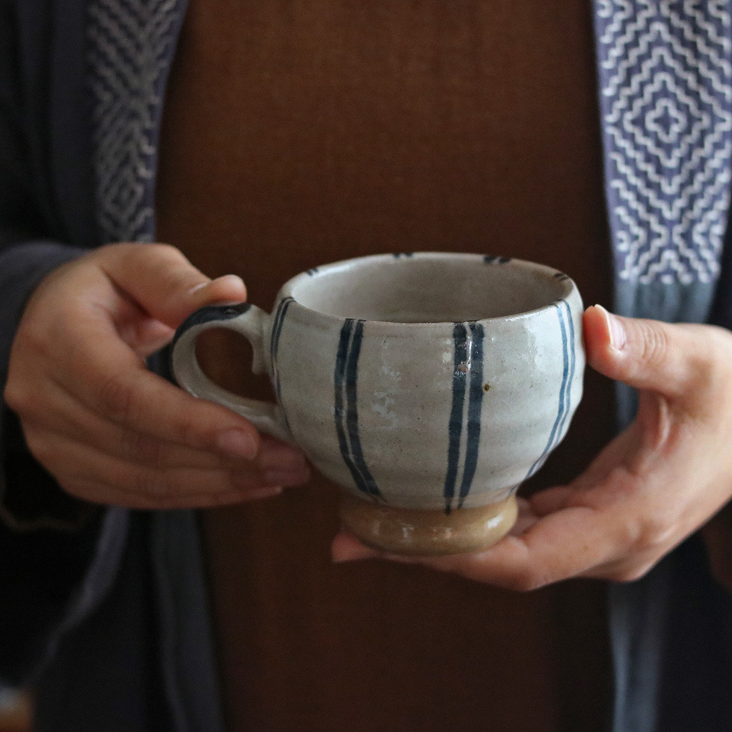 日本进口 日式复古十草条纹陶瓷咖啡杯马克杯手绘侘寂风杯子