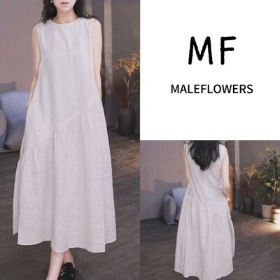 东倪MF 夏季新款文艺风宽松无袖亚麻100中长连衣裙 86B2505
